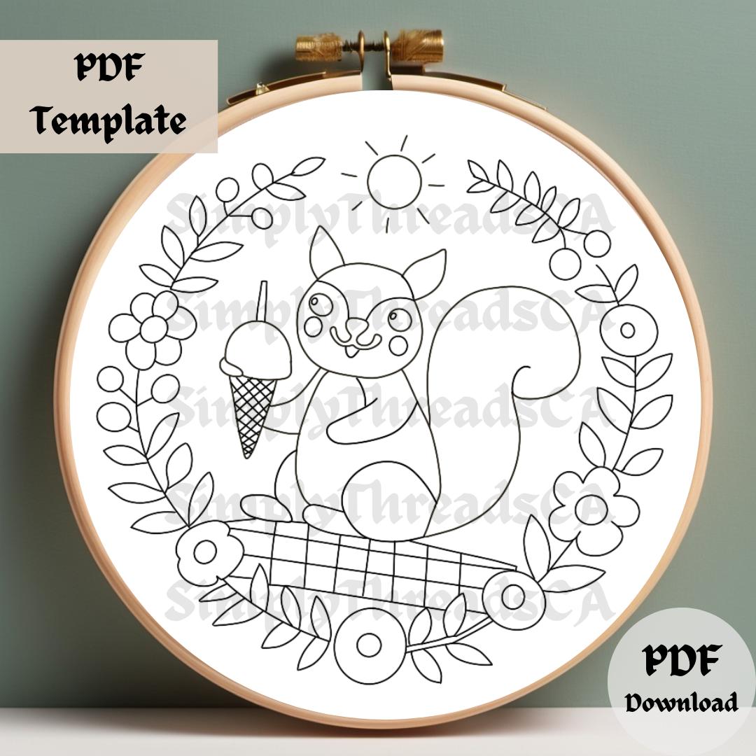 Squirrel Picnic Embroidery Pattern, Whimsical Ice Cream Design, Nature ...