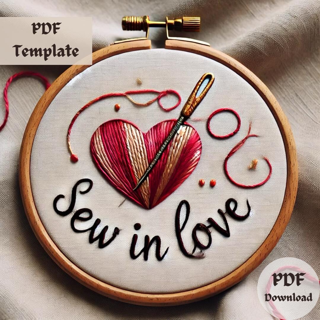 Sew in Love Embroidery Pattern, Heart and Needle Stitch PDF, Romantic ...