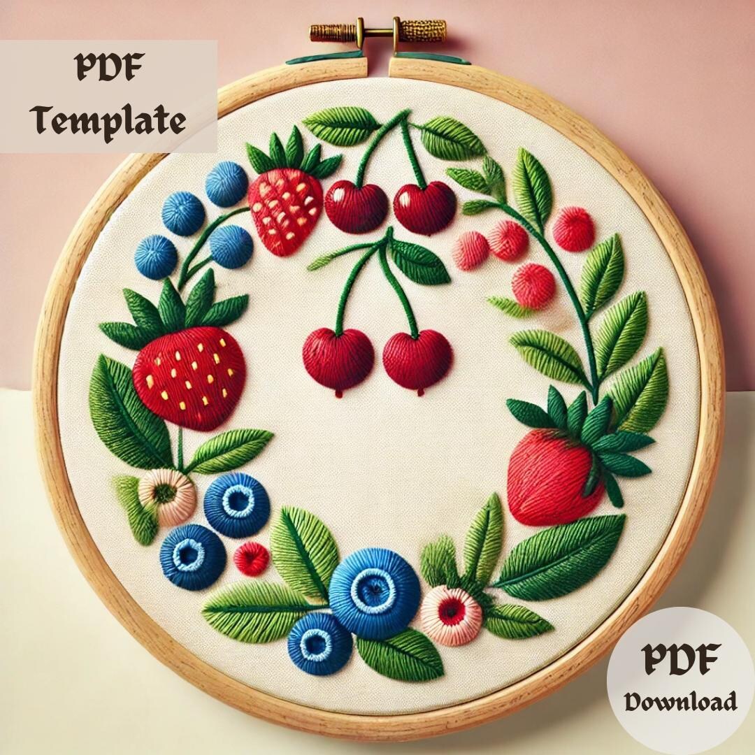 Berry Wreath Embroidery Pattern, Fruit Hand Embroidery PDF, Botanical ...