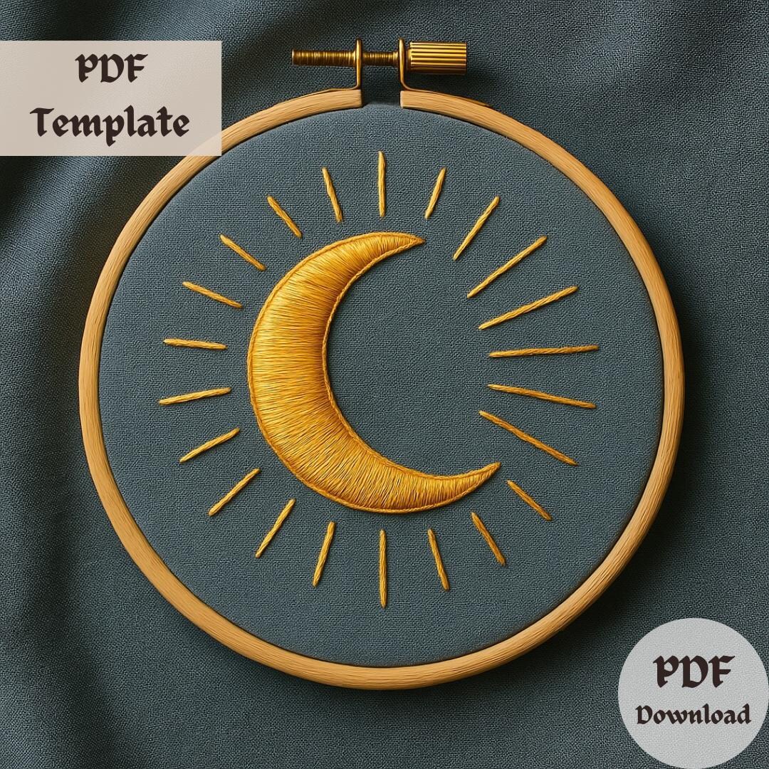Moon and Rays Embroidery Pattern, Crescent Moon Stitch PDF, Celestial ...