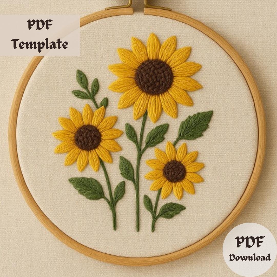 Three Sunflowers Embroidery Pattern, Floral Embroidery PDF, Sunflower ...