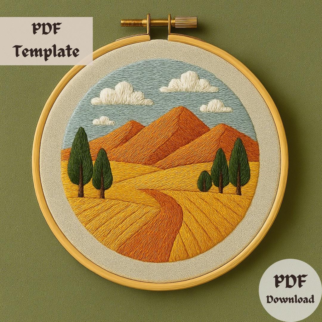Landscape Embroidery Pattern, Golden Field Stitching PDF, Hand ...