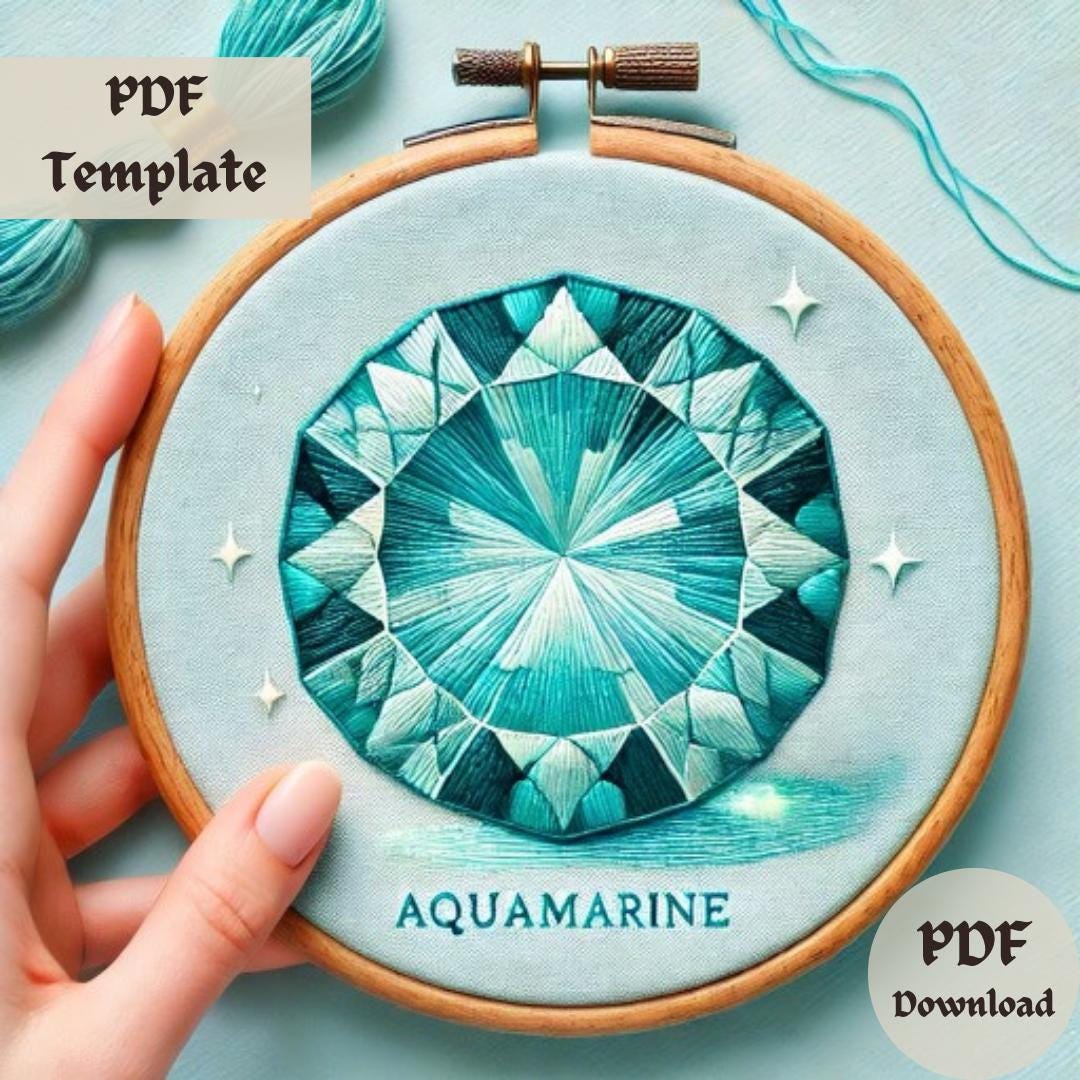 Aquamarine Gem Embroidery Pattern, Crystal Hand Embroidery PDF, DIY ...