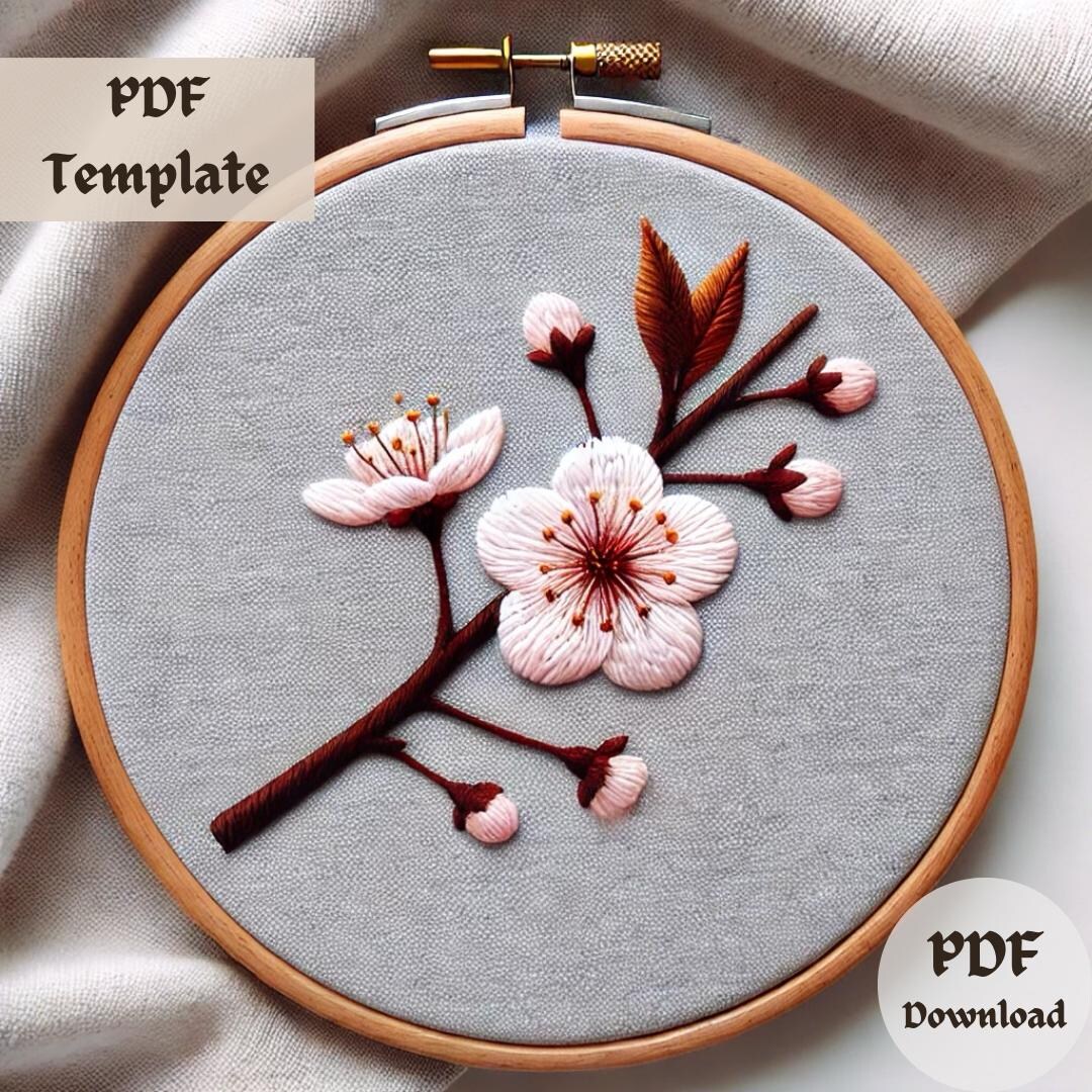 Cherry Blossom Branch Embroidery Pattern, Spring Floral Hand Embroidery ...