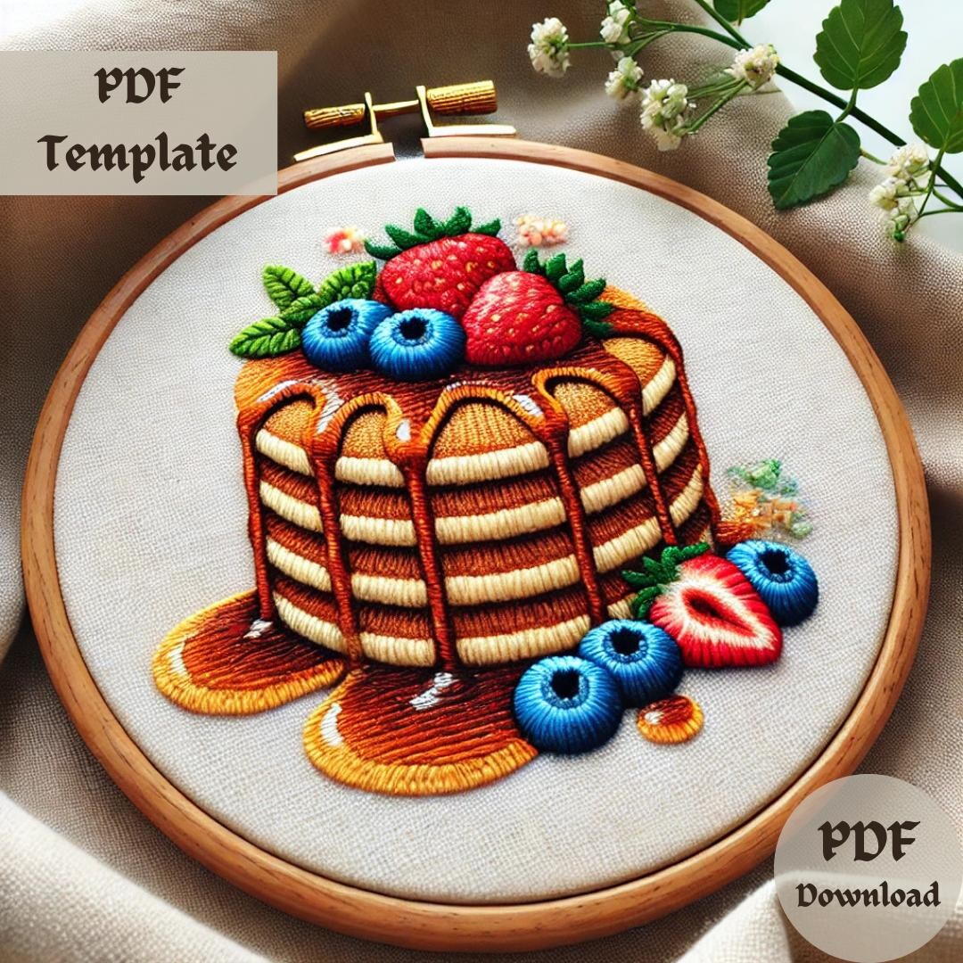 Pancakes With Syrup Embroidery Pattern, Whimsical Hand Embroidery PDF ...