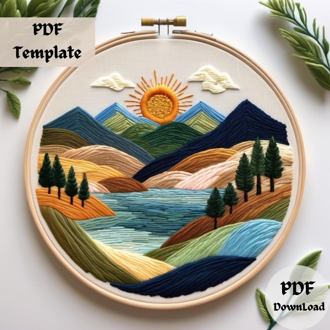Mountain Landscape Embroidery Pattern, PDF DIY Sunset Lake Design ...