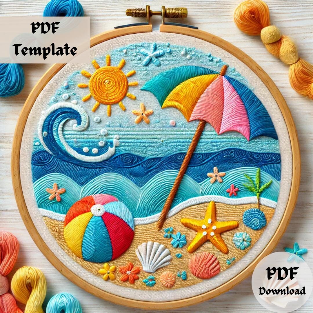 Beach Scenery Embroidery Pattern, Summer Hand Embroidery Design ...