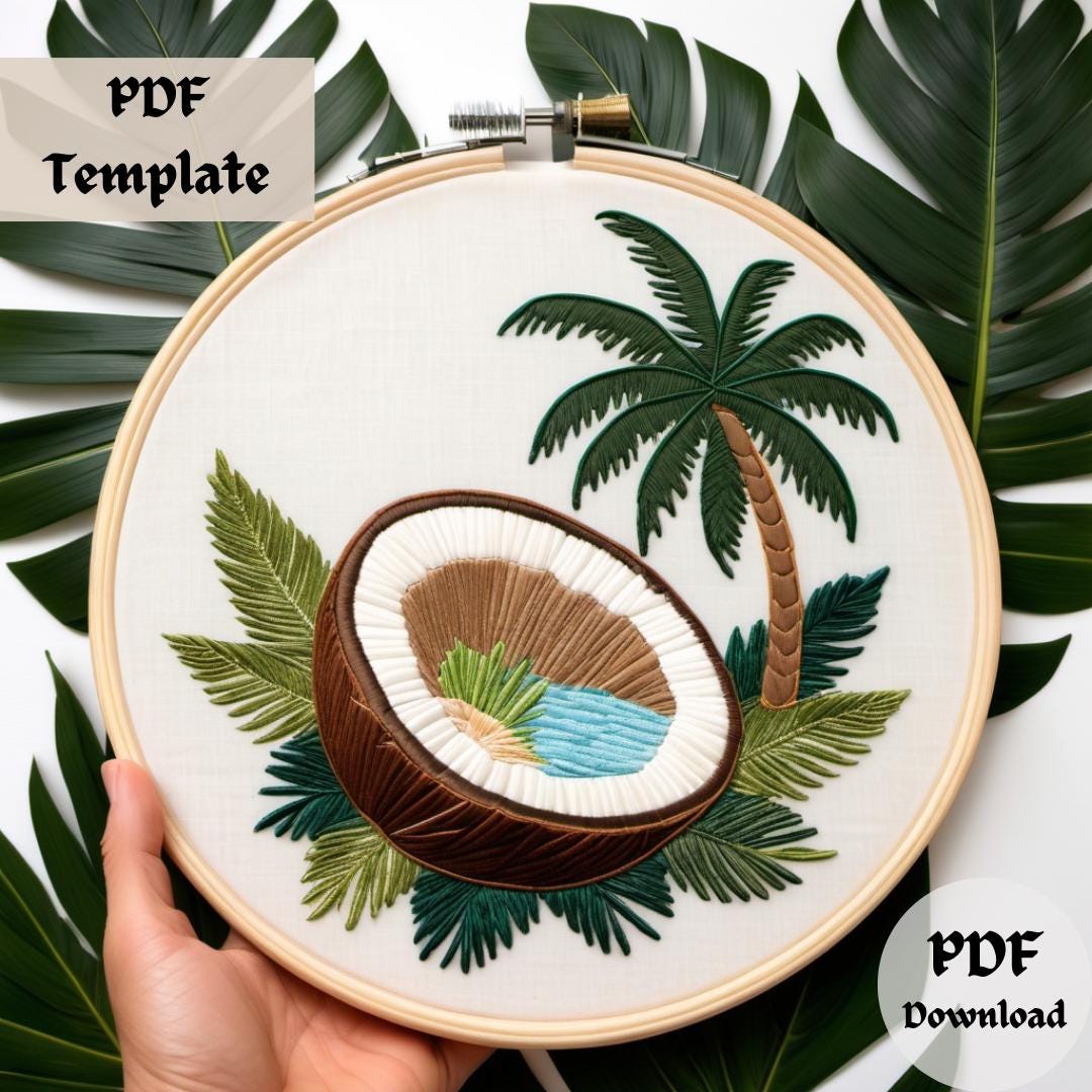 Coconut Embroidery Pattern, Tropical Coconut Hand Embroidery Design ...