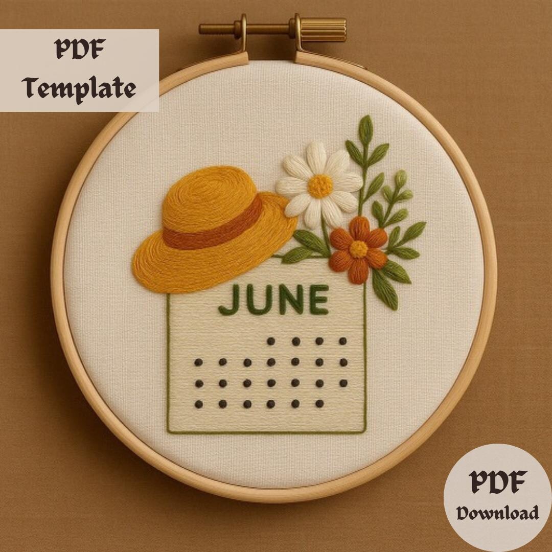 June Calendar Hand Embroidery Pattern, Sun Hat Hand Embroidery PDF ...