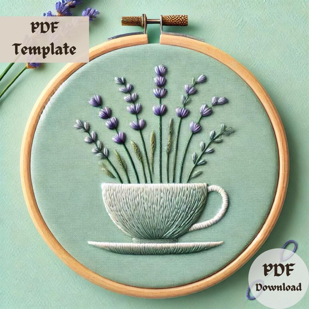 Lavender Tea Cup Embroidery Pattern, Floral Hand Embroidery PDF ...