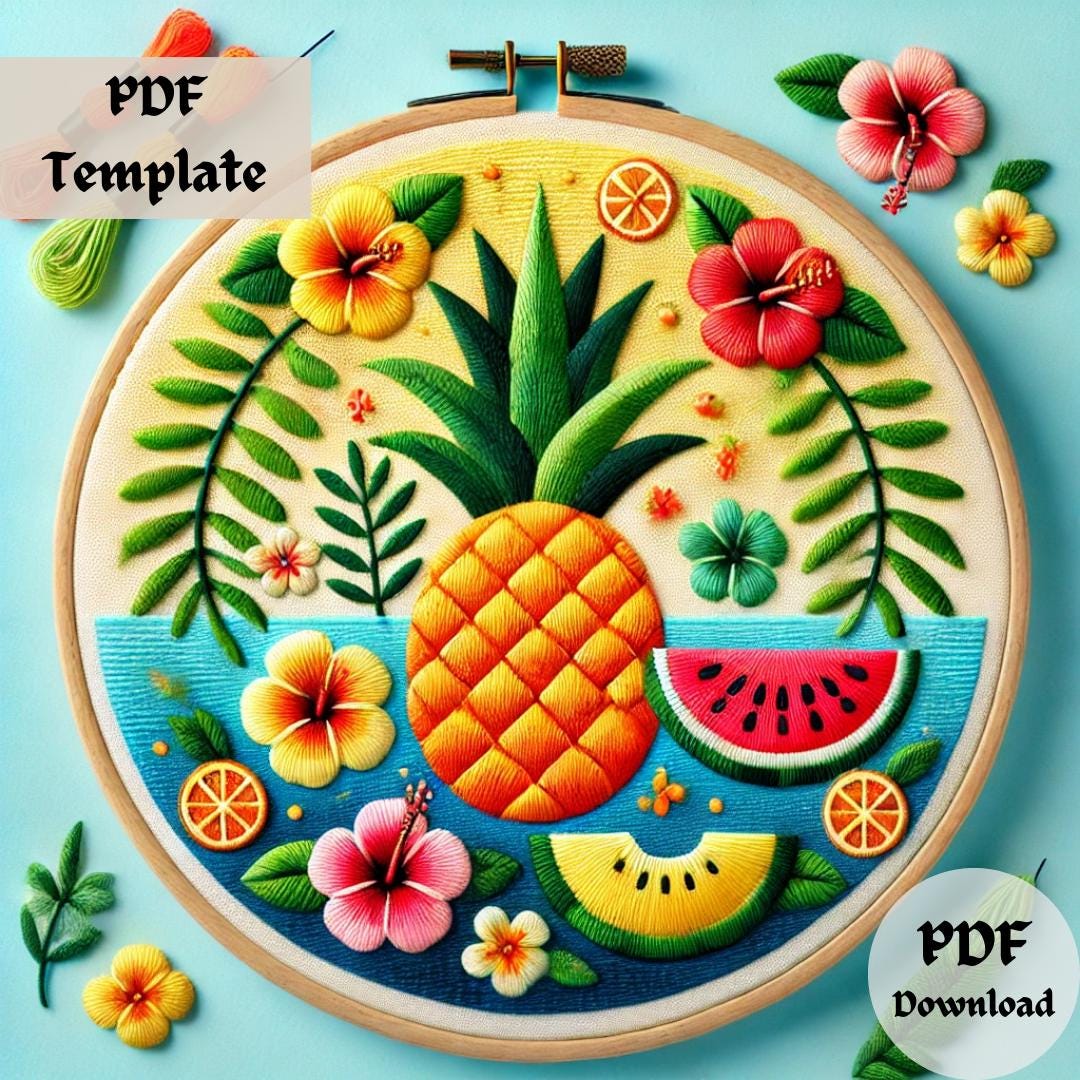 Summer Fruits Embroidery Pattern, Pineapple & Watermelon Hand ...