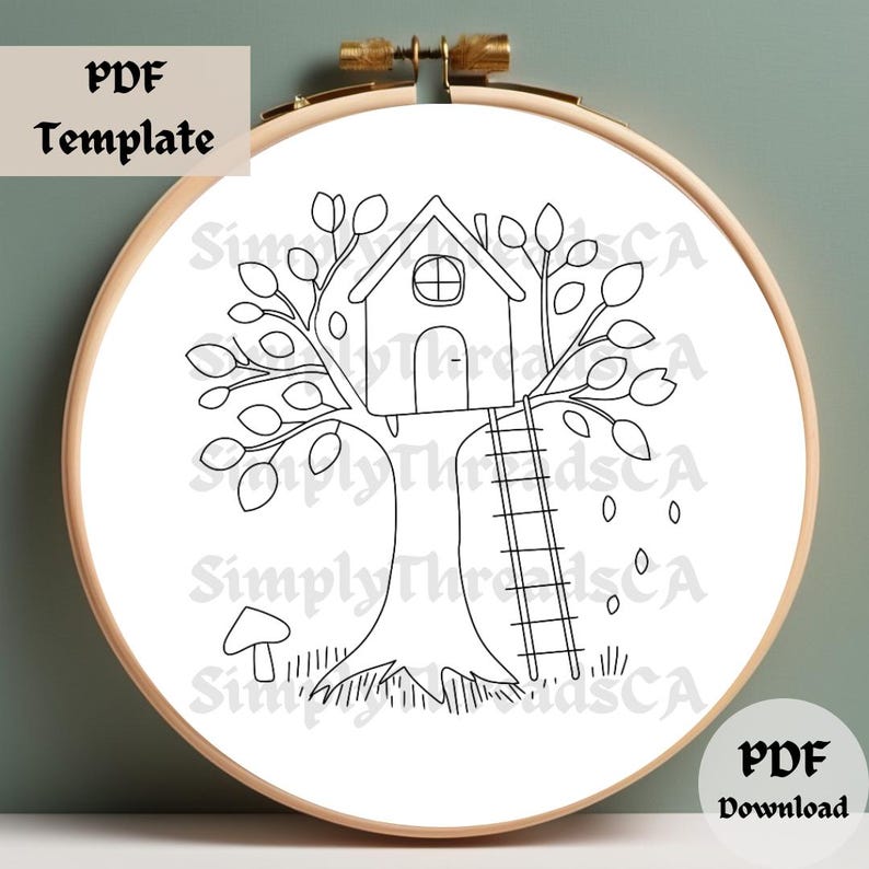 Treehouse Hand Embroidery Pattern, Autumn Tree With Leaves Hand ...