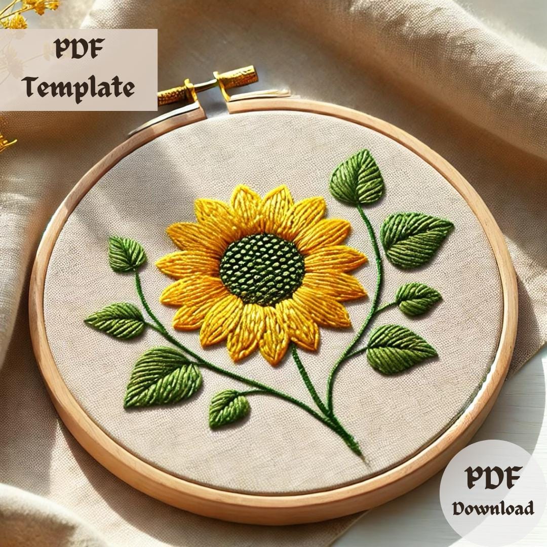 Golden Sunflower Embroidery Pattern, Bright Floral Hand Embroidery PDF ...