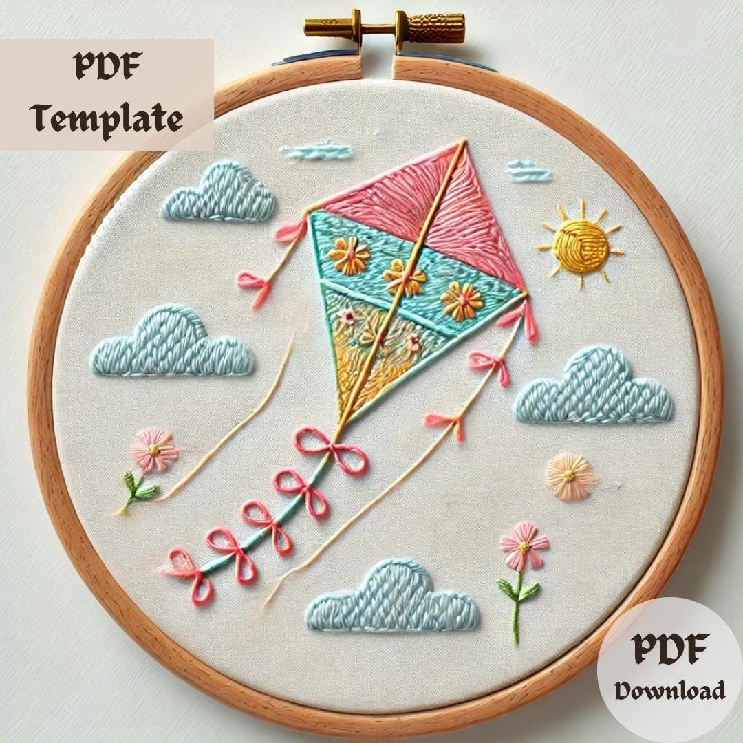 Kite Embroidery Pattern, Whimsical Hand Embroidery PDF, Flying Kite ...