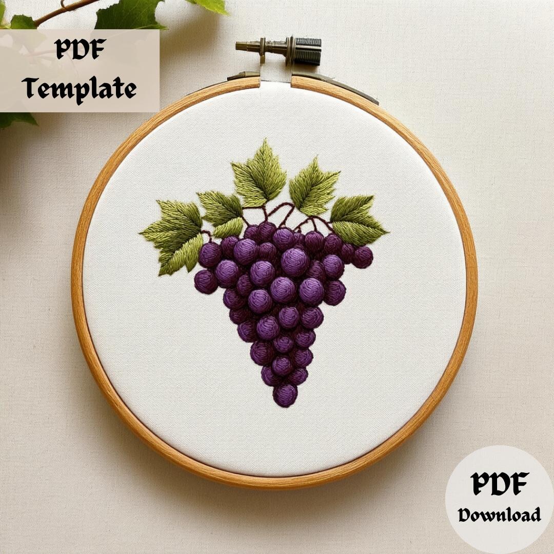 Grapes Embroidery Pattern, Fruity Hand Embroidery Design, Vine ...
