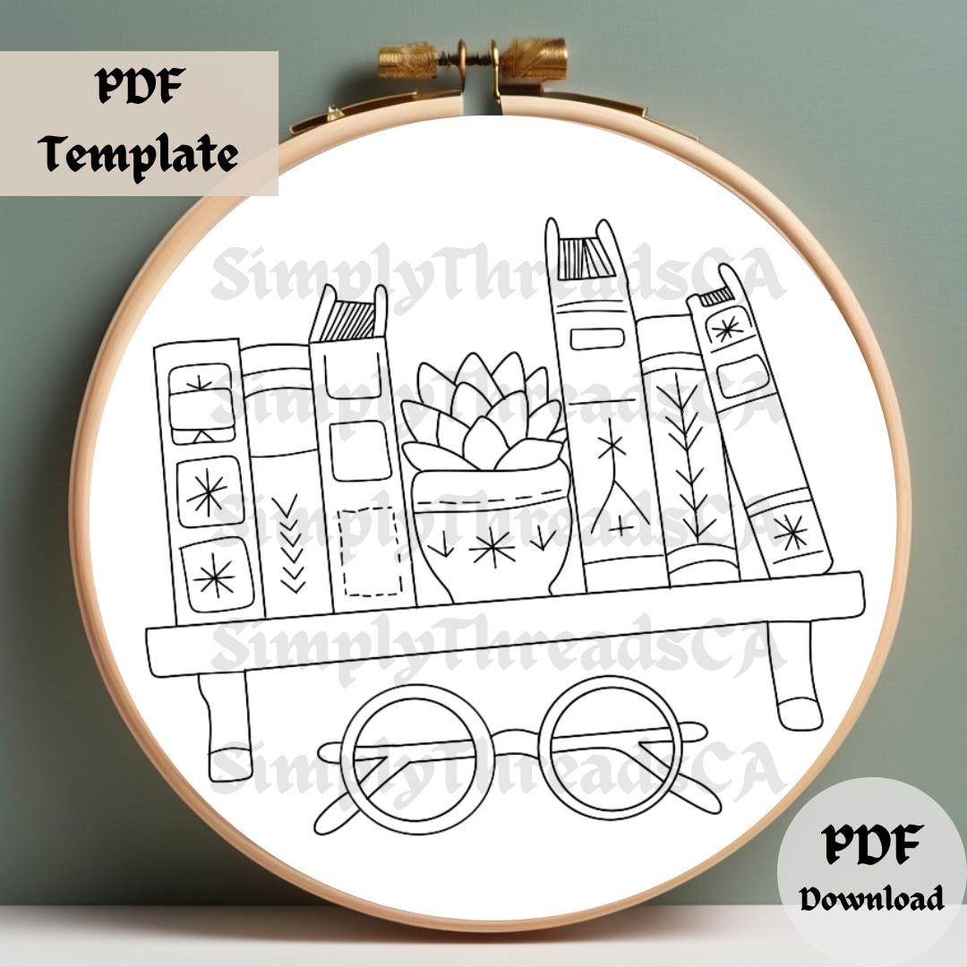 Bookshelf Hand Embroidery Pattern, DIY Book Embroidery, Book Lover's ...