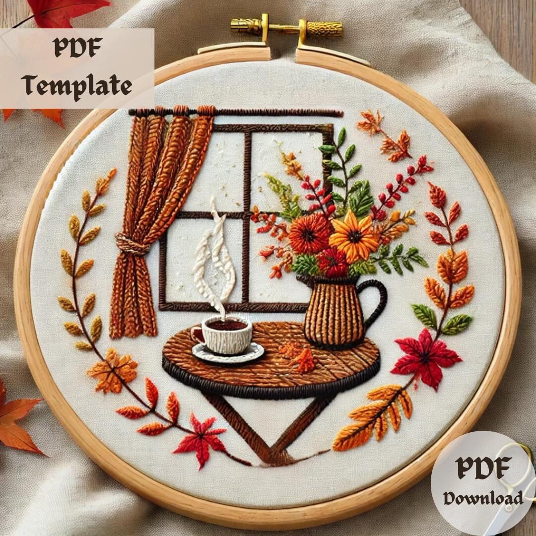 Autumn Window Scenery Embroidery Pattern, Fall View Hand Embroidery PDF ...