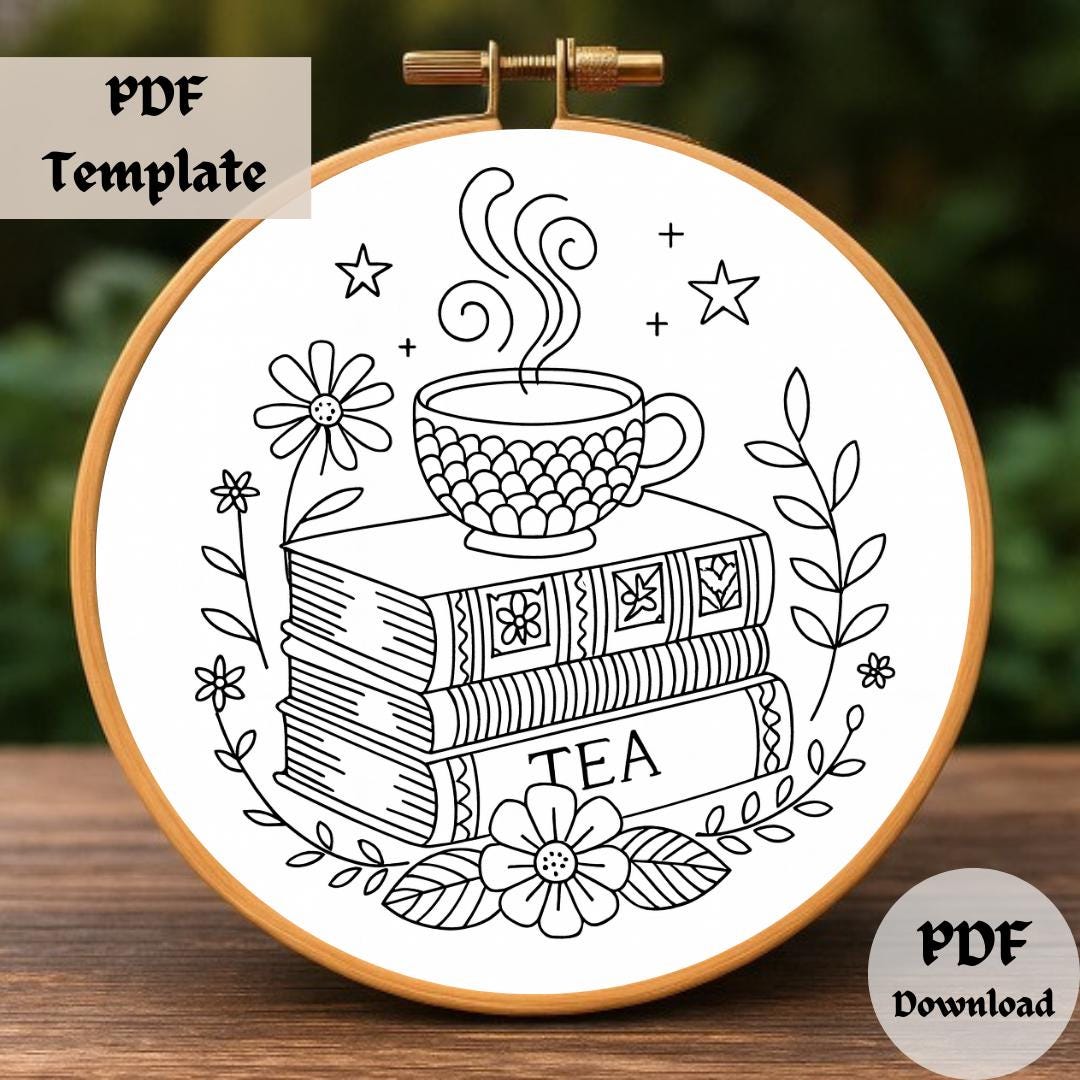 Books Embroidery Pattern, Whimsical Hand Embroidery PDF, Cozy Book ...