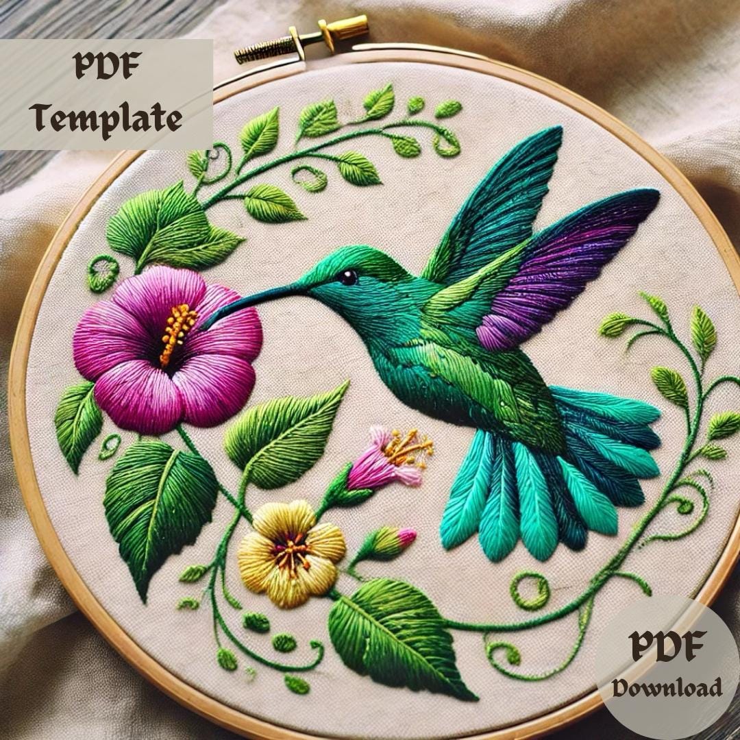 Hummingbird Embroidery Pattern, Vibrant Bird Hand Embroidery ...