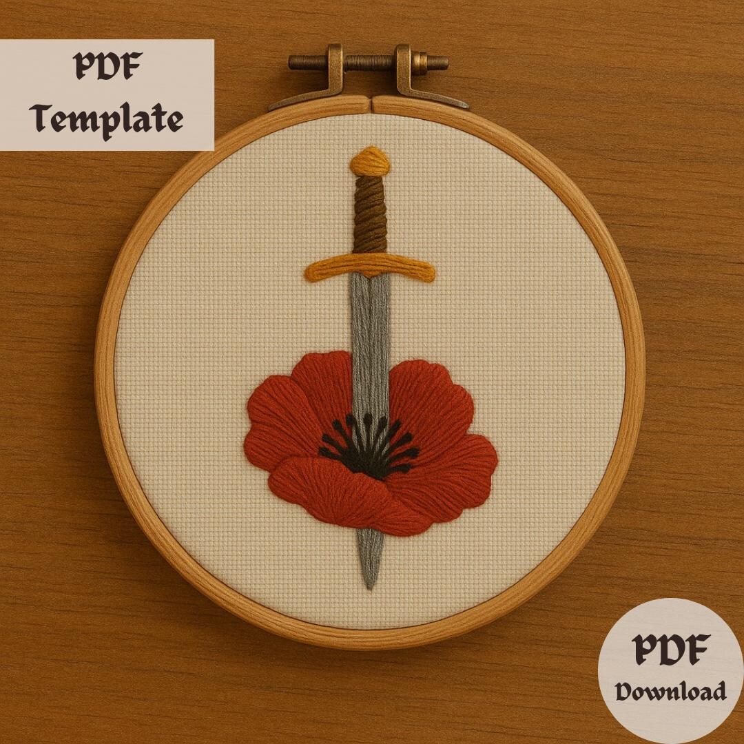 Floral Sword Embroidery Pattern, Sword Through Poppy Hand Embroidery ...