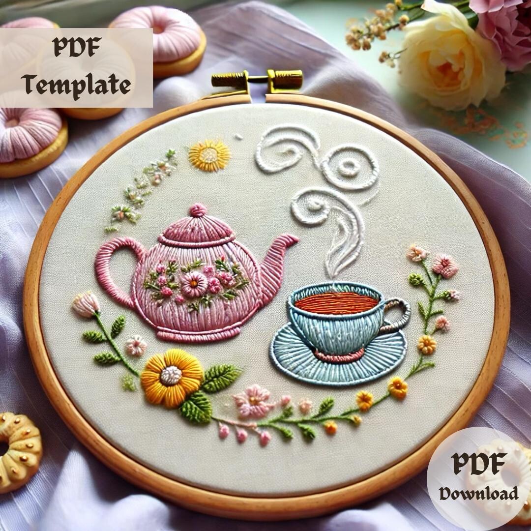 Tea Time Embroidery Pattern, Elegant Teapot and Teacup Hand Embroidery ...