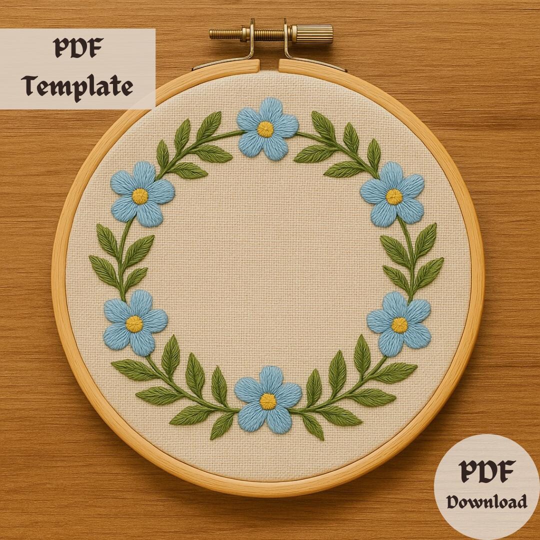 Floral Wreath Embroidery Pattern, Blue Flower Circle Hand Embroidery ...