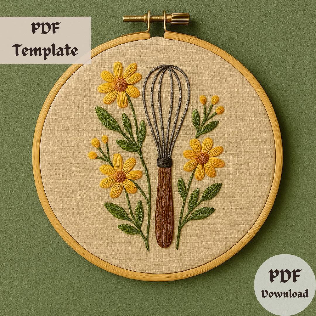 Whisk Embroidery Pattern, Floral Kitchen Stitching PDF, Hand Embroidery Design, DIY Baking Tool ...