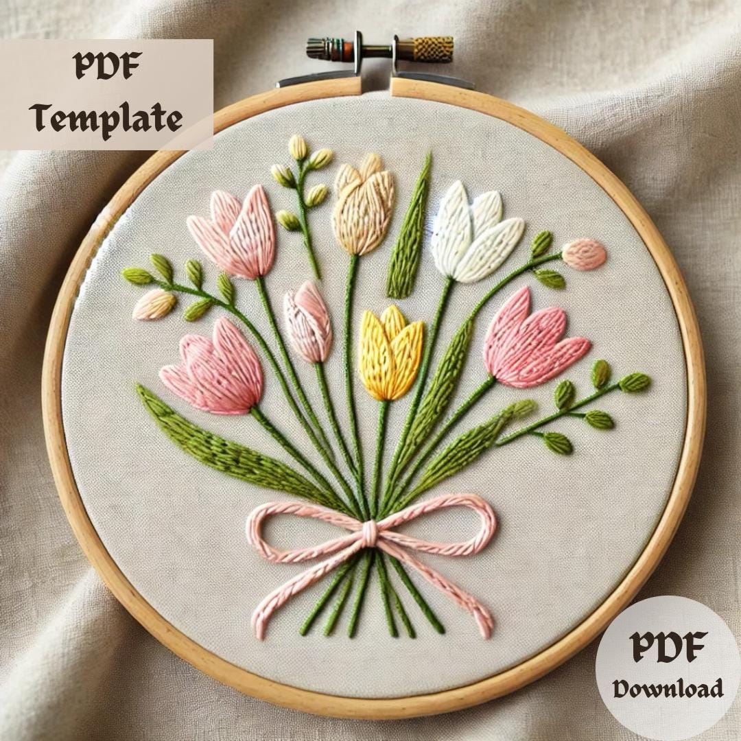 Tulip Bouquet Embroidery Pattern, Spring Flower Hand Embroidery, Tulip ...
