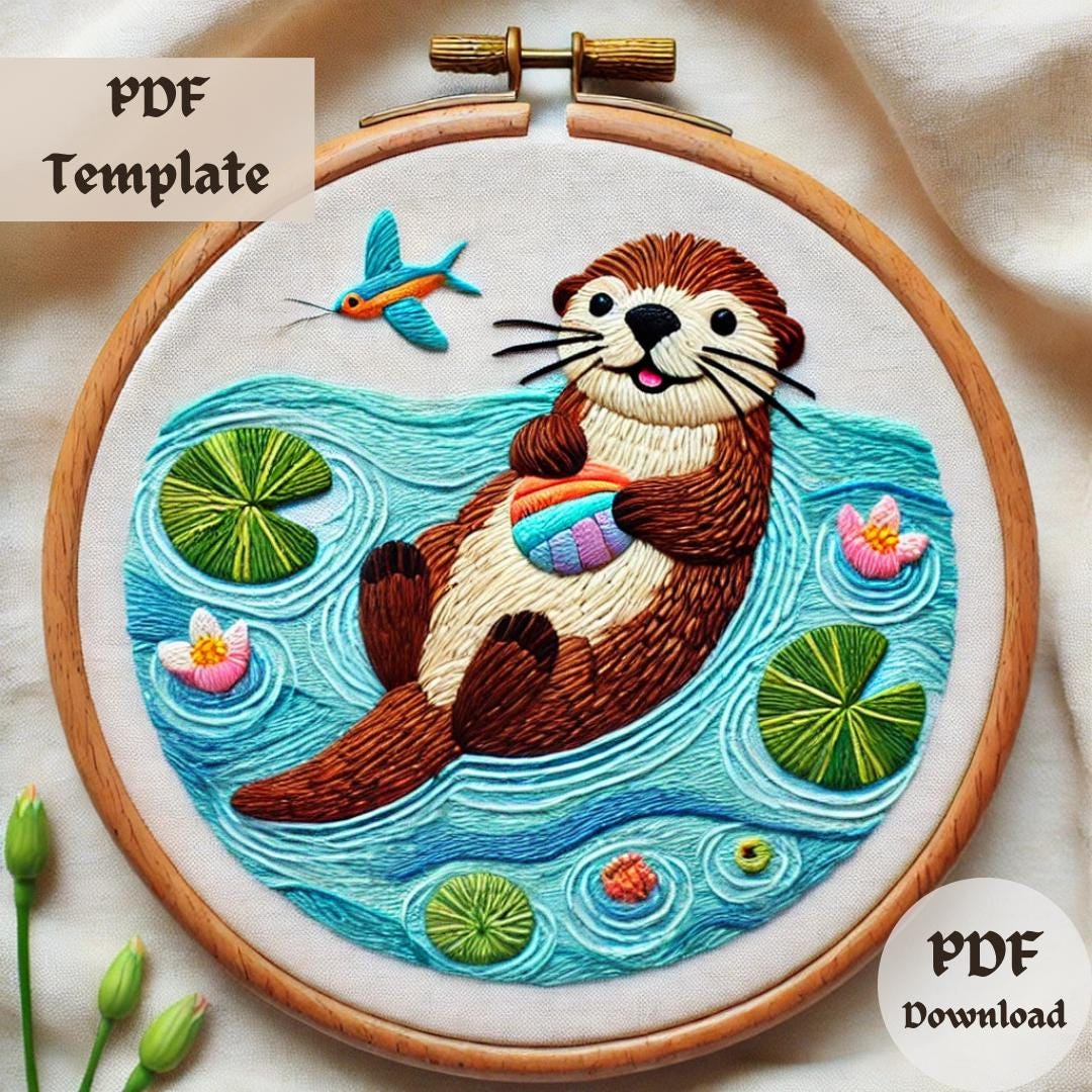 Summer Otter Embroidery Pattern, Adorable Otter Hand Embroidery Design ...