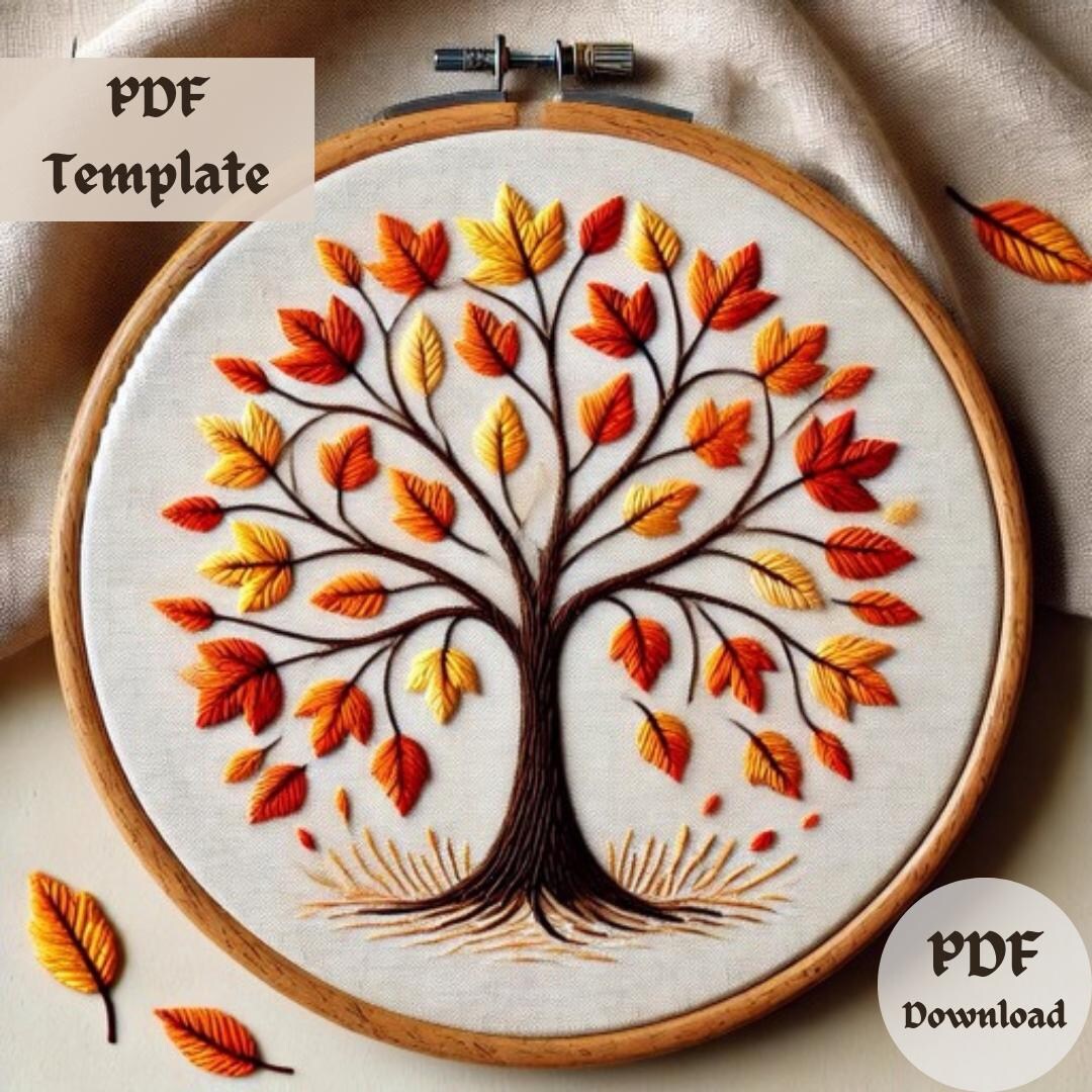 Fall Tree Embroidery Pattern, Colorful Leaves Hand Embroidery, Autumn ...