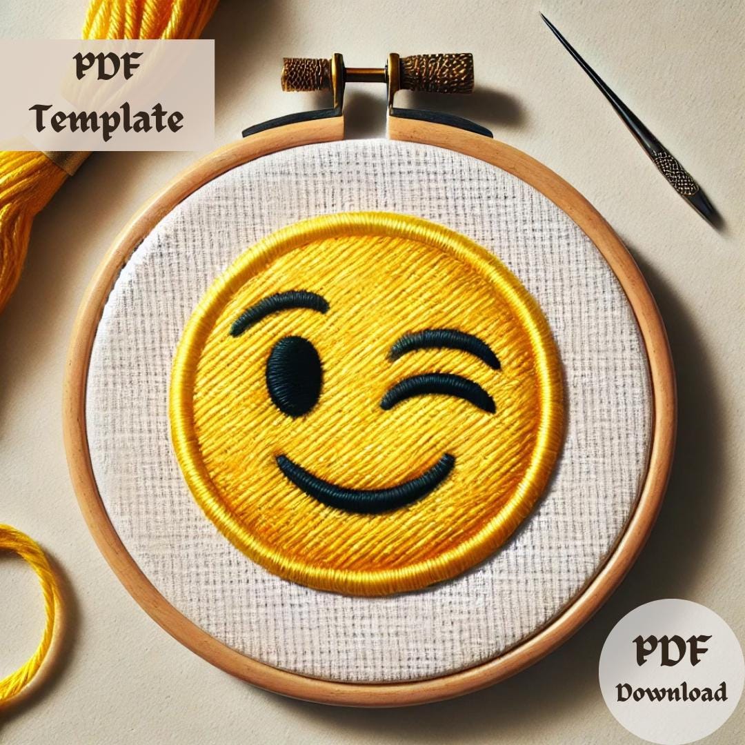 Winking Emoji Face Embroidery Pattern – Playful Hand Embroidery Design ...