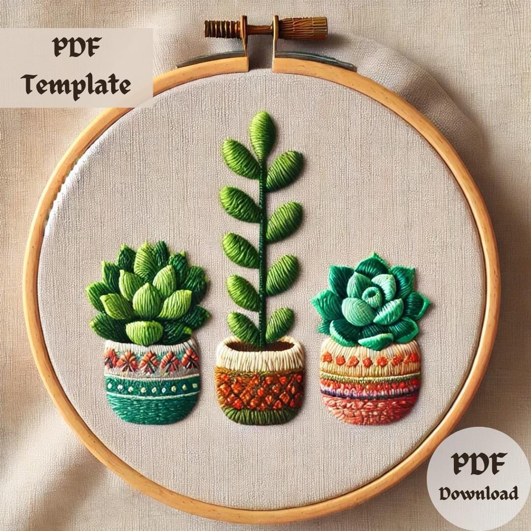 Succulent Embroidery Pattern, Potted Plant Hand Stitching PDF, Indoor ...