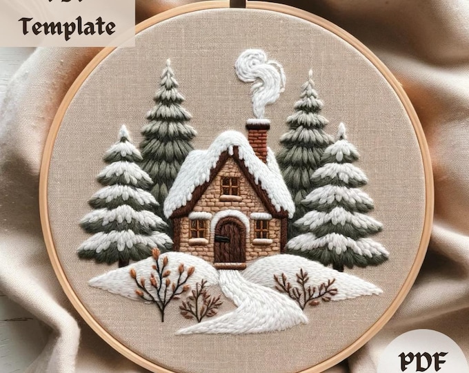 Snowy Cottage Embroidery Pattern, Cozy Cabin Hand Embroidery, Winter ...