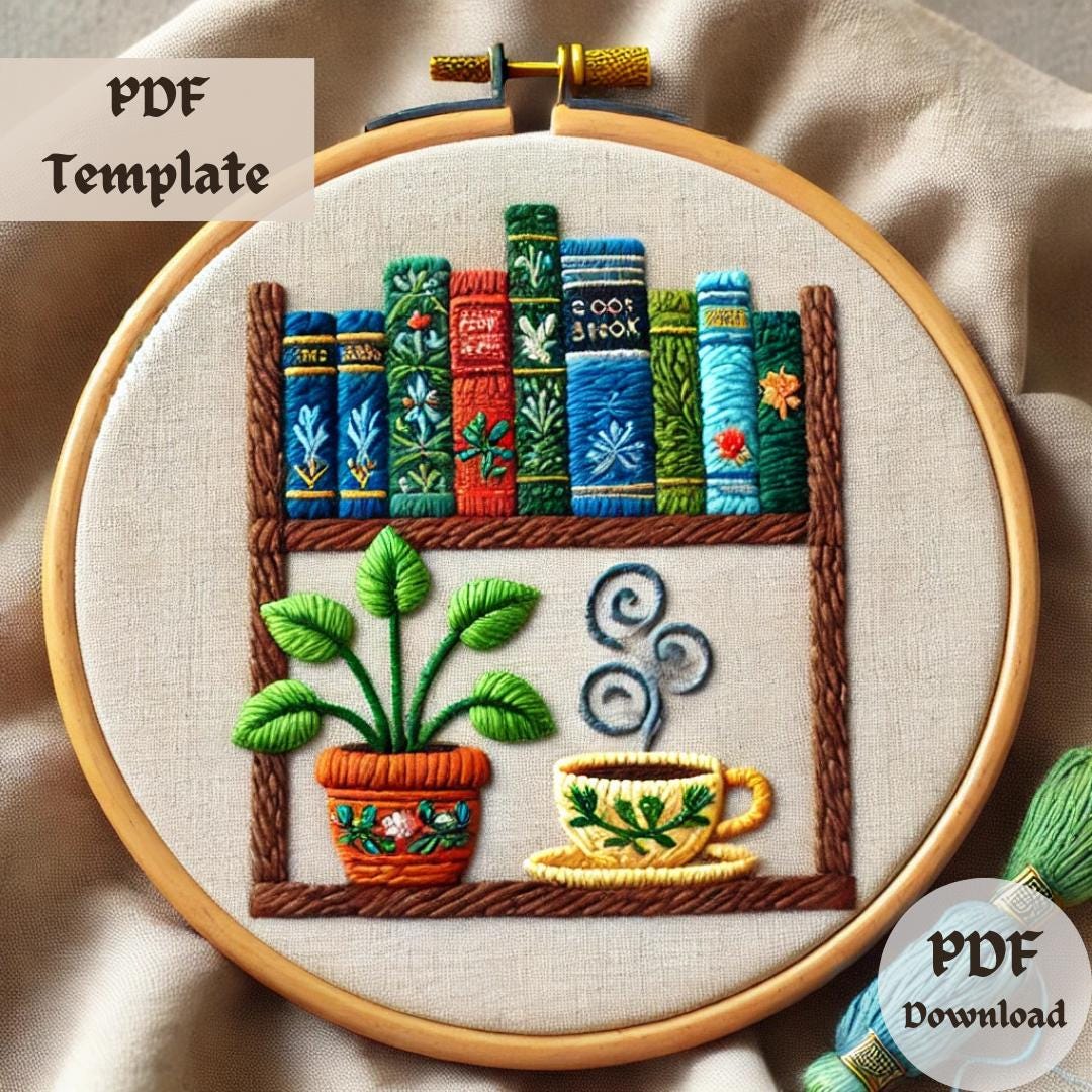 Colorful Bookshelf Embroidery Pattern, Whimsical Hand Embroidery PDF ...