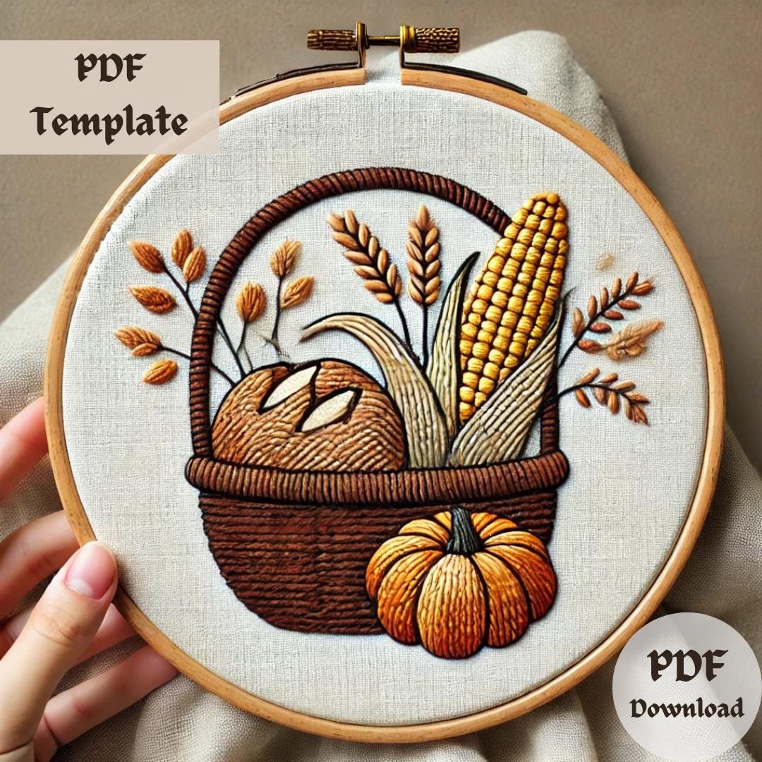 Harvest Basket Hand Embroidery Pattern, Fall Hand Embroidery PDF, Corn ...