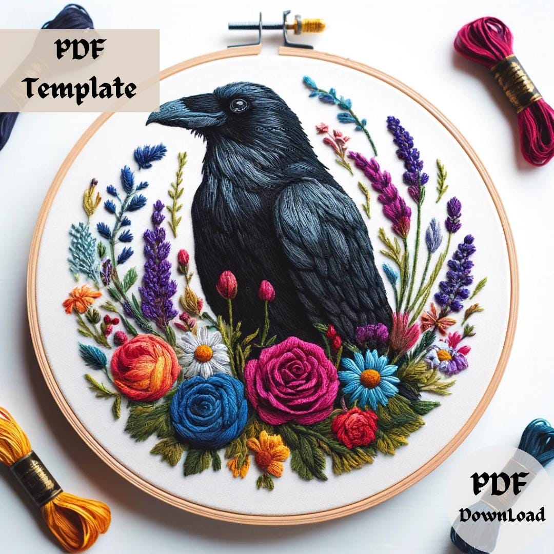 Floral Raven Embroidery Pattern, Black Bird Hand Embroidery, Raven Bird ...
