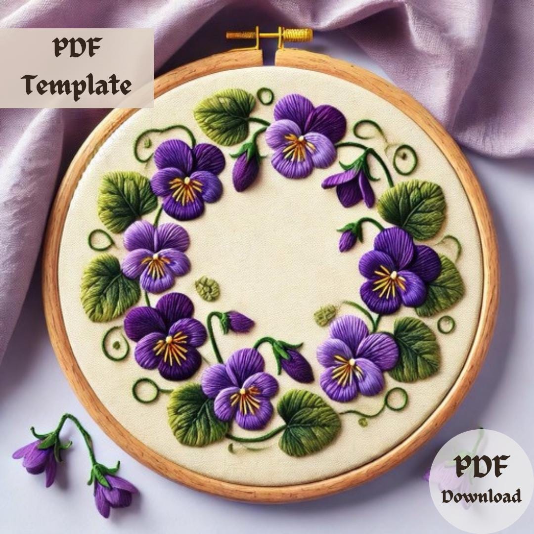 Violet Floral Wreath Embroidery Pattern Elegant Hand Embroidery