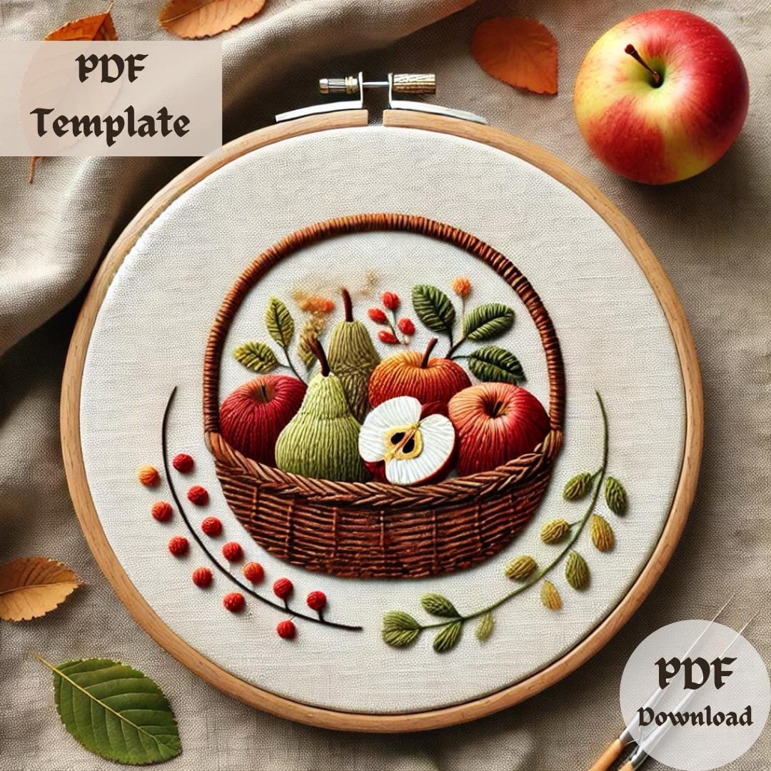 Fruit Basket Embroidery Pattern, Autumn Harvest Stitching PDF, Cozy ...
