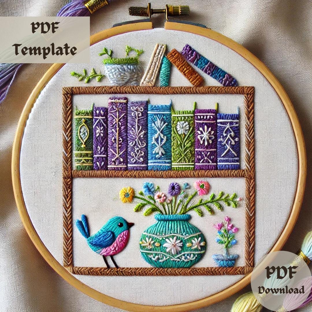 Colorful Bookshelf Embroidery Pattern, Whimsical Hand Embroidery PDF ...