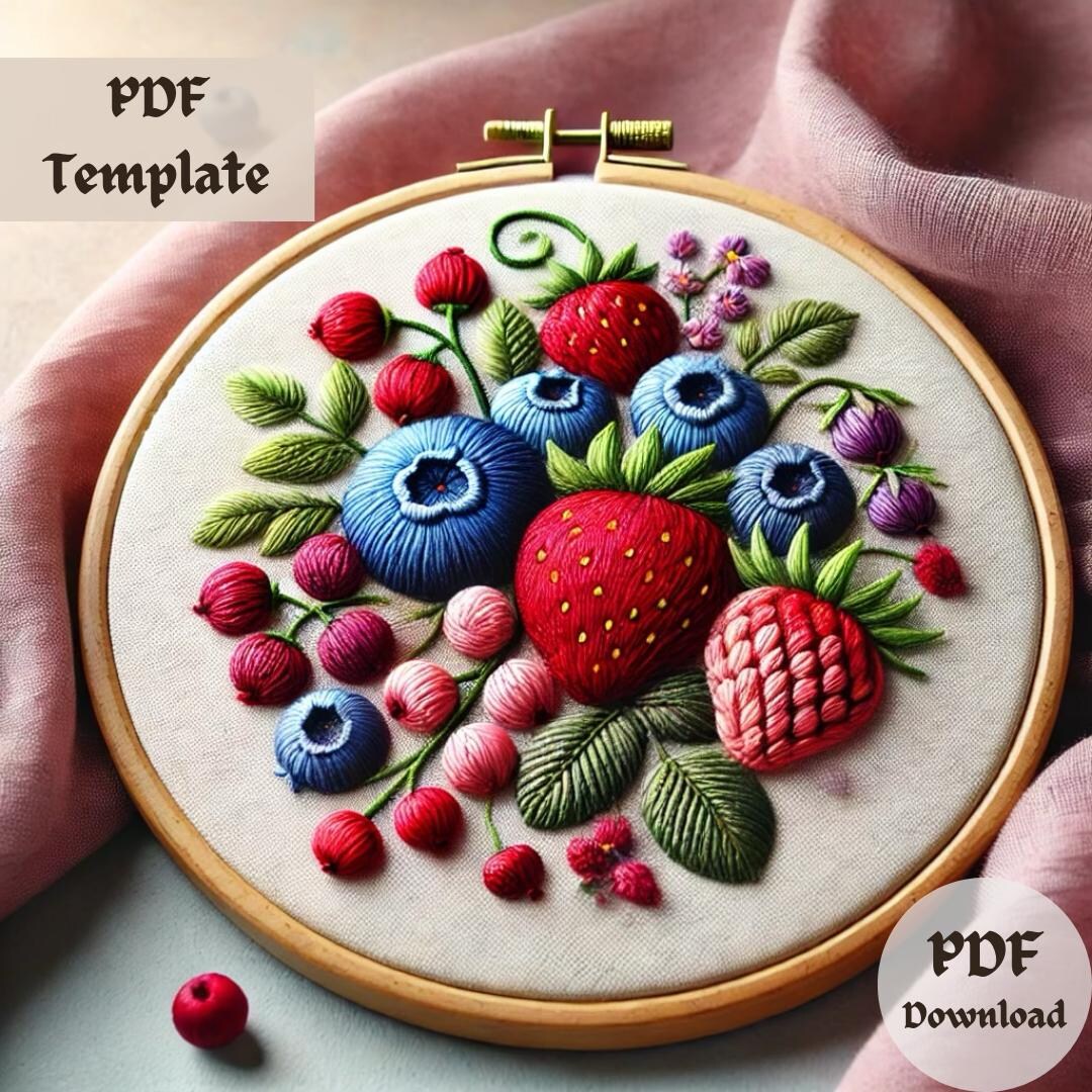 Berry Embroidery Pattern, Strawberry Hand Embroidery PDF, Mixed Fruit ...