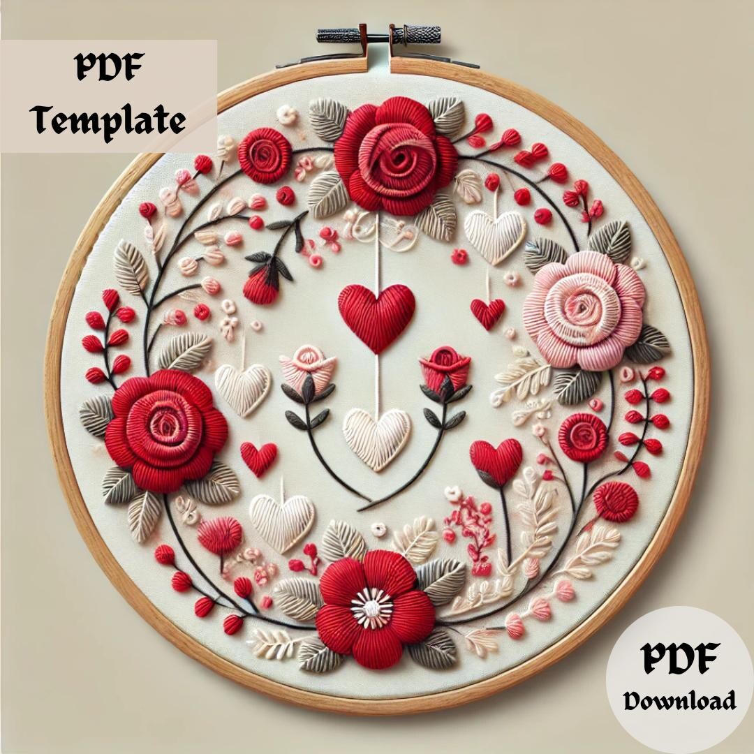 Love Flowers Embroidery Pattern, Romantic Floral Hand Embroidery Design ...
