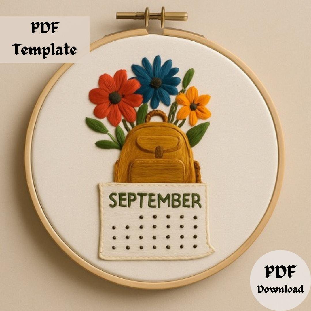 September Calendar Embroidery Pattern, Pumpkin Floral Hand Embroidery ...