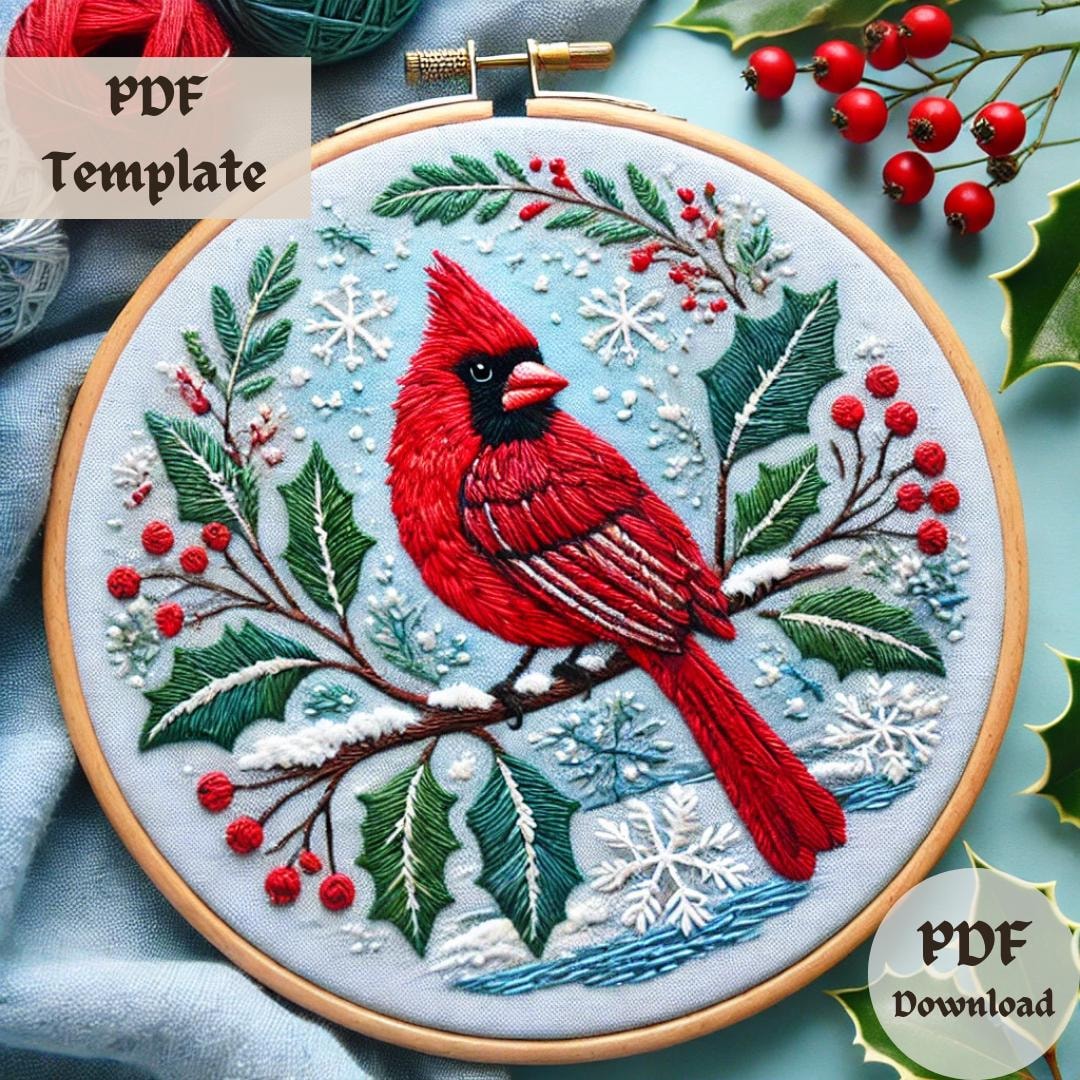 Red Cardinal Embroidery Pattern, Christmas Bird Design, DIY Hand ...