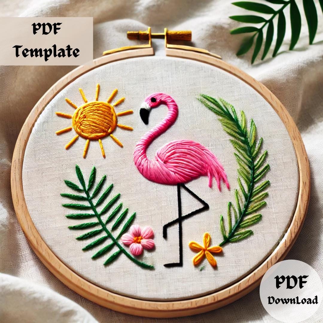 Flamingo Embroidery Pattern, Tropical Bird Hand Embroidery, Elegant ...