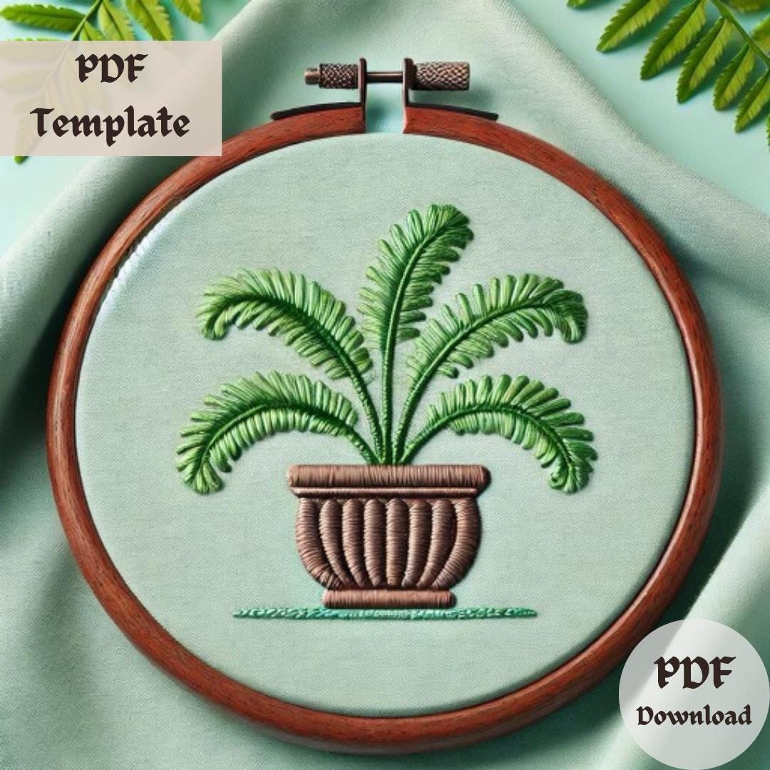 Potted Fern Embroidery Pattern, Botanical Greenery Hand Embroidery ...