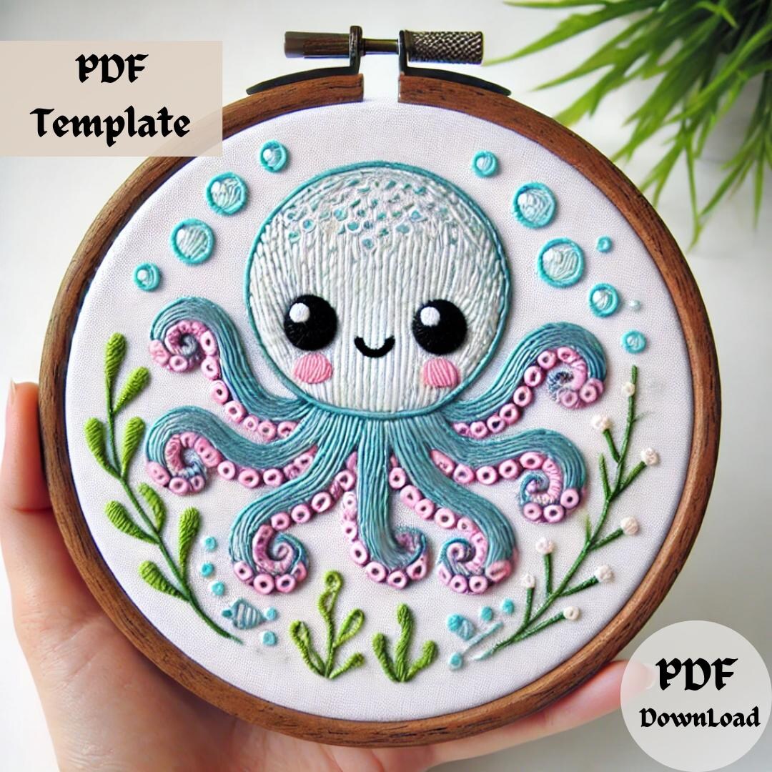 Cute Octopus Embroidery Pattern, Hand Embroidery PDF, DIY Sea Creature ...