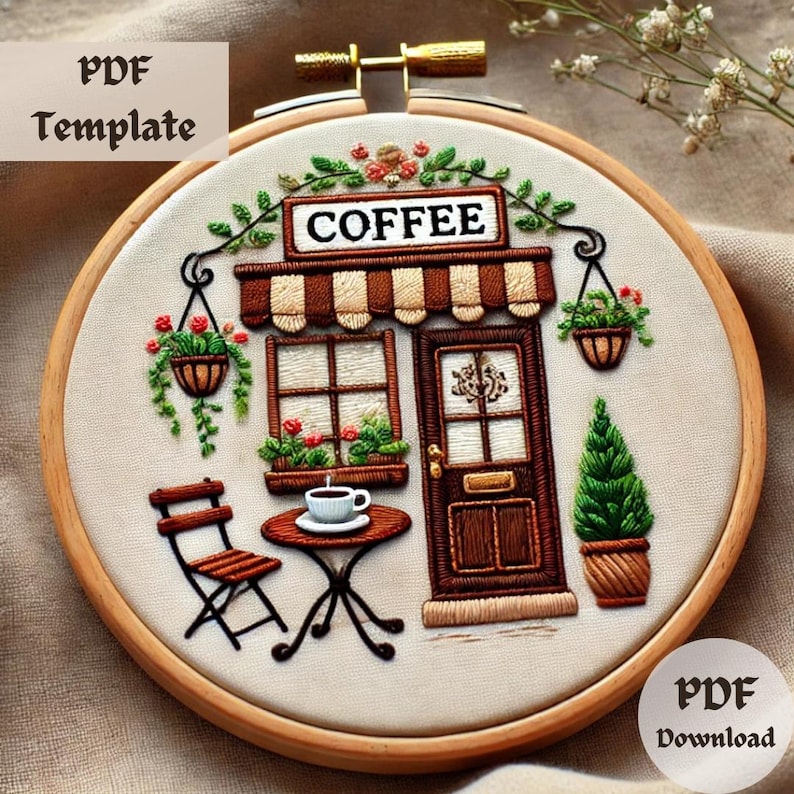Coffee Shop Embroidery Pattern, Whimsical Cafe Hand Embroidery PDF ...