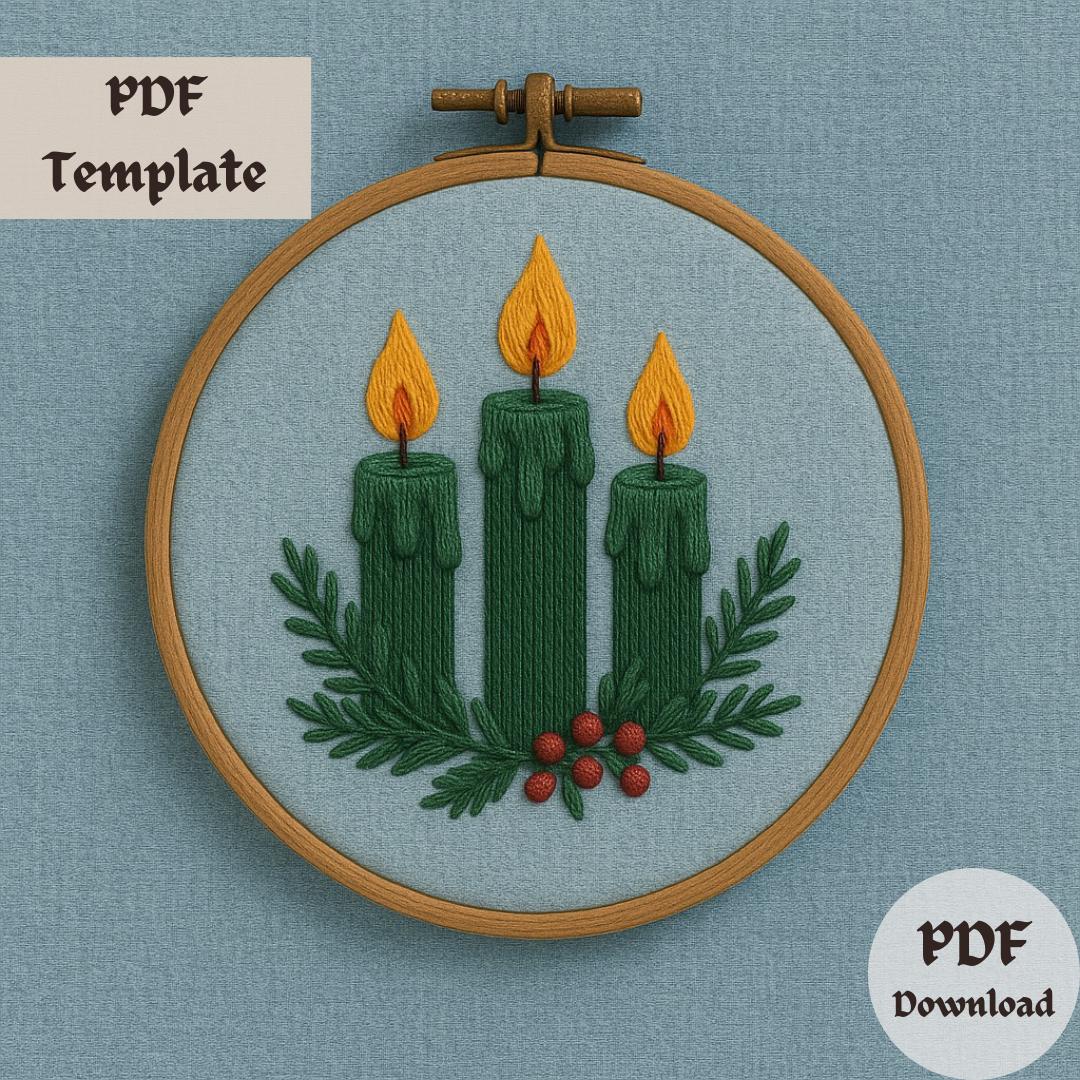 Green Candle Embroidery Pattern, Botanical Candle Stitch Design, Hand ...