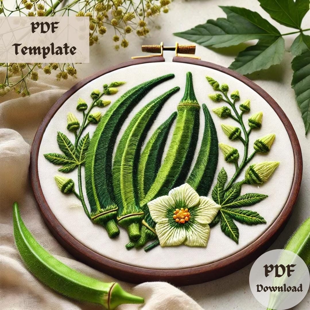 Okra Embroidery Pattern, Vegetable Garden Hand Embroidery, Botanical ...