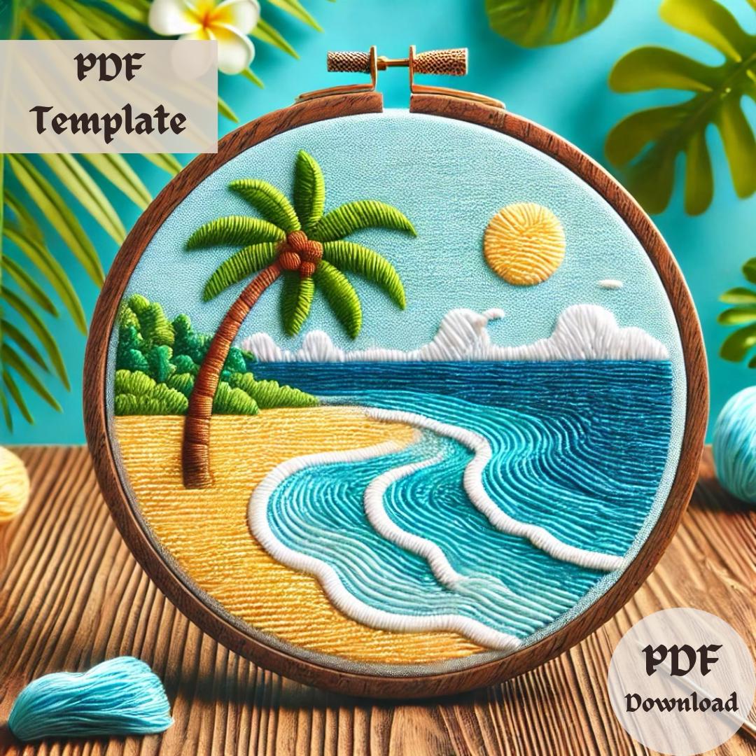 Island Scenery Embroidery Pattern, Tropical Hand Embroidery, Beach ...